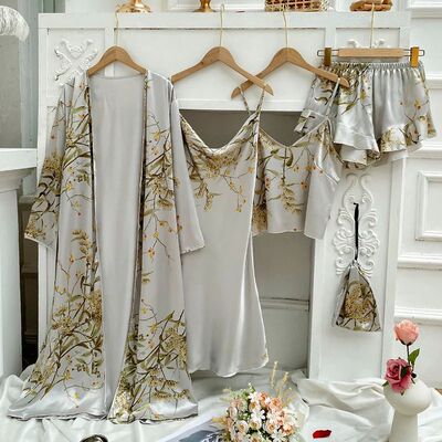 Elegant Print Flower 4PCS Pajamas Set Women Casual Kimono Ba