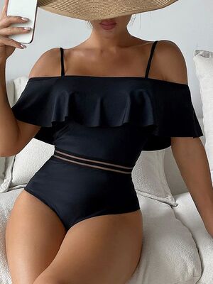 Vigorashely 2024 Sexy Black Strapped Swimwear Women Ruffle O