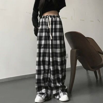 Streetwear Black and White Plaid Pants Loose Unisex  Harajuk
