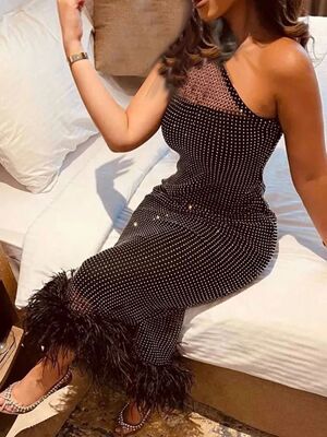 Street Style Sparkling Mesh Off-Shoulder Furry Hem Dress 202