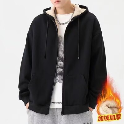 加大码男装加绒加厚连帽外套冬季羊羔绒拉链卫衣休闲开衫保暖上衣