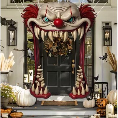 1Pc Vintage Halloween Scary Clown Porch Door Banner Photo Bo