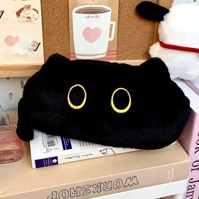 Pen Bag Large Capacity Cute Black Cat Plush Cartoon Statione