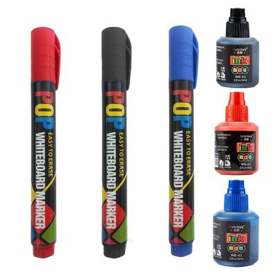 Refillable Whiteboard Markers Dry Earse Pen 3 Colors (Black/