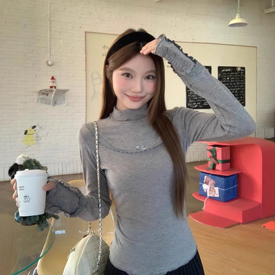 蕾丝花边高领长袖T恤女2025秋冬新款甜美修身显瘦小众内搭打底衫
