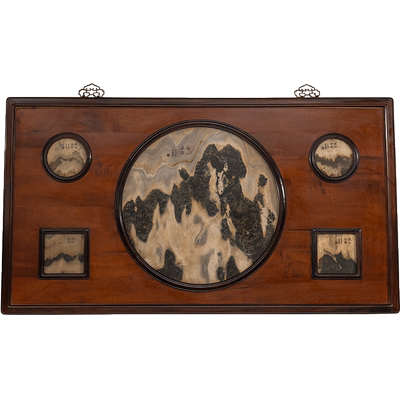 红木镶云石五开窗大挂屏