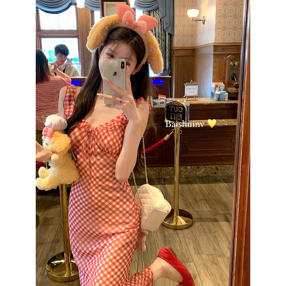 白水女【realisatio*熟樱桃~】红色吊带鱼尾裙女夏收腰显瘦连衣裙