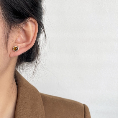 MoreSuitable老钱风锆石虎眼石镀14k感简约轻奢小巧圆形耳钉耳饰
