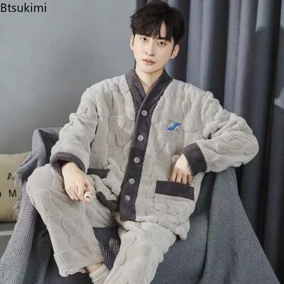 2025 Men's Flannel Pajama Two Pieces Fashion Button V-Neck T