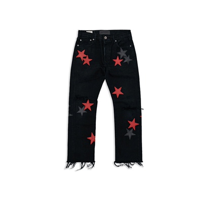 罗志祥Gotnofears正品红色+黑色皮革星星古著牛仔裤黑色男女同款
