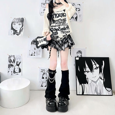 个性腿环堆堆中筒袜链条皮扣针织阔腿袜套女y2k亚文化喇叭腿套黑