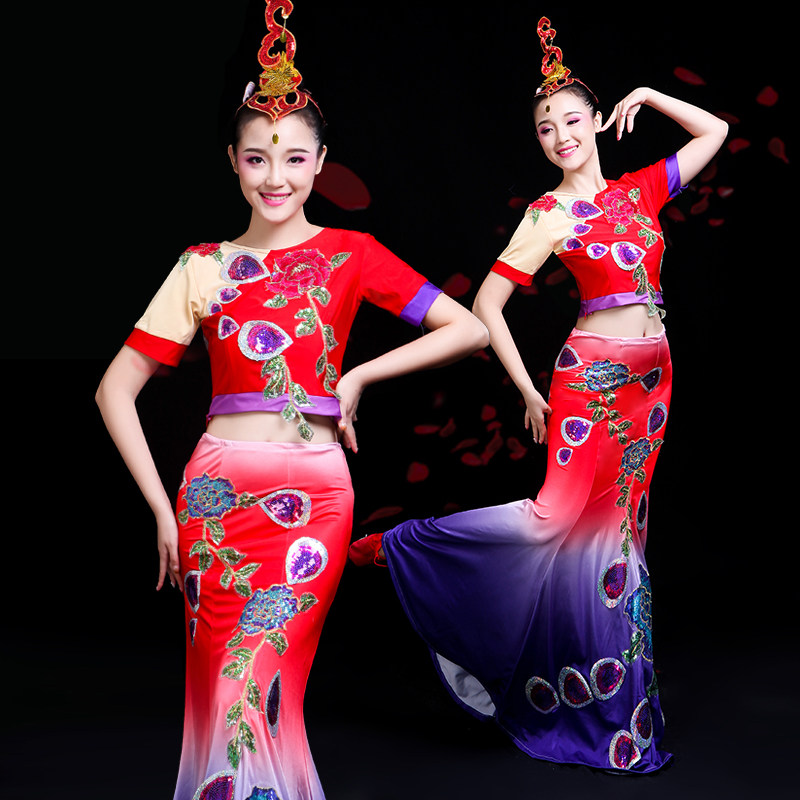 傣族舞蹈服2026新款孔雀舞云南少数民族演出服服装女装包臀鱼尾裙