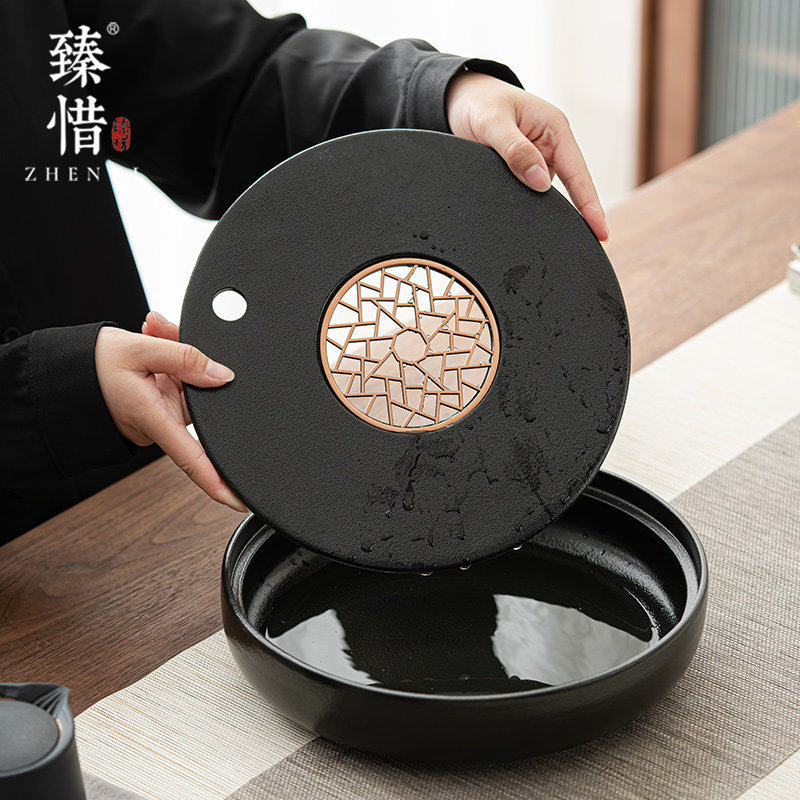 臻惜现代镜花水月陶瓷茶盘家用现代简约储水功夫干泡茶托盘小茶台