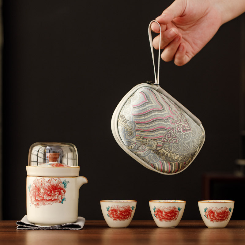 臻惜牡丹花汝窑旅行茶具套装一壶三杯便携式快客杯户外露营泡茶壶