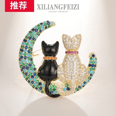 猫咪胸针彩色锆石月亮可爱猫别针西凉妃子重工日系卡通服饰胸花