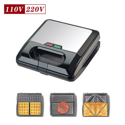 家用换盘三合一面包机美规华夫饼机条纹三明治早餐机waffle maker