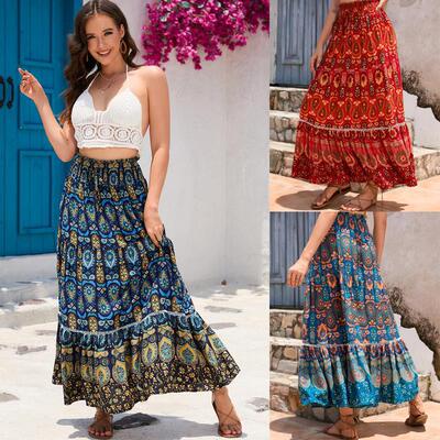 Women Maxi Skirts Boho Long Flowy Floral Elastic Skirt 长裙