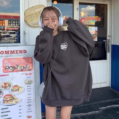 D07065日单秋冬款GL客供料螺纹圆领宽松显瘦女休闲薄绒印花卫衣