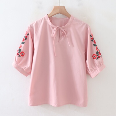 C11047日单甜美系带领套头微宽松好搭配女纯色重工刺绣短袖衬衫