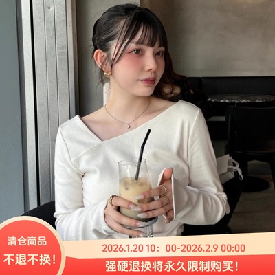 D03007日单春秋新款客供料GL斜领套头有弹性女设计款褶皱长袖T恤