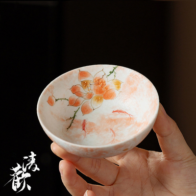 清欢丨雪花白手绘雾粉玉兰陶瓷圆口主人杯家用高颜值功夫茶具茶杯