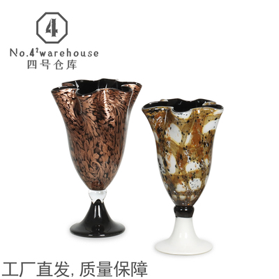 美式轻奢高脚洒金豹纹花瓣口琉璃花瓶样板间玄关插花软装饰品摆件