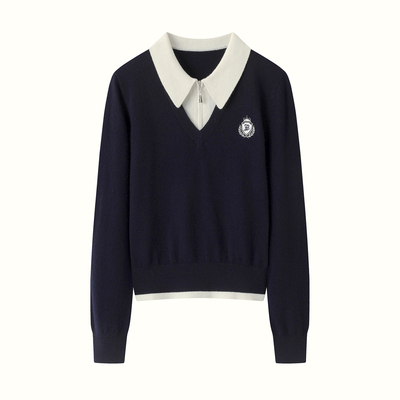 朗系~学院风刺绣POLO领假两件针织衫女2025秋季新款宽松显瘦毛衣