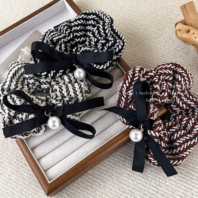 气质小香风蝴蝶结丝带珍珠发绳条纹发饰粗毛线黑金线针织大肠发圈