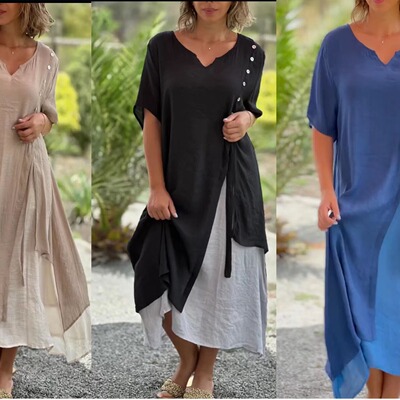 Gy24003 Fashion V-neck Short Sleeve Fake Two-piece Asymmetri