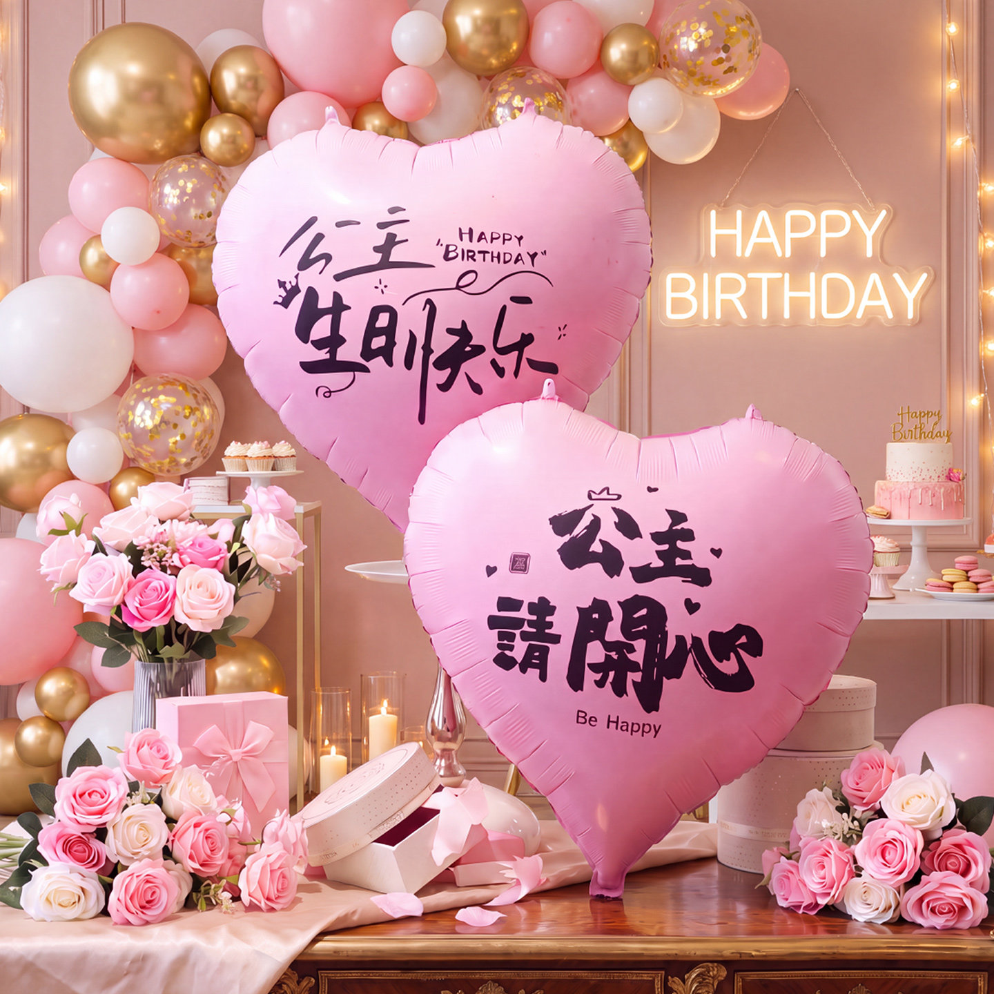 超大爱心粉色生日气球装饰儿童女孩公主派对氛围拍照道具场景布置