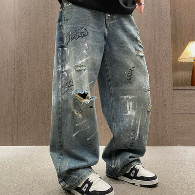 春夏潮牌手绘涂鸦泼墨高街牛仔裤