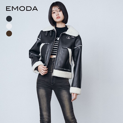 EMODA2024冬季新品上衣百搭外套仿皮革拼接短款夹克女0424602302
