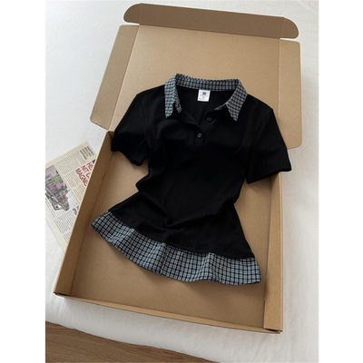 polo领短袖t恤女修身短款上衣服