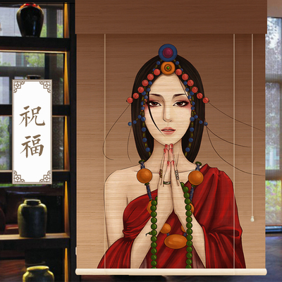 茶室背景挂画茶室背景竹帘卷帘