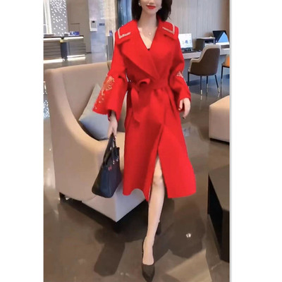 88002大爱美依缘2025秋冬新款中长款呢子大衣女显瘦刺绣时尚外套