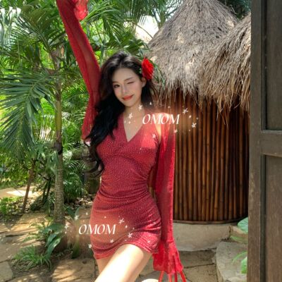 性感修身连体泳衣亮闪闪长袖罩衫三件套泡温泉海边度假泳衣4229