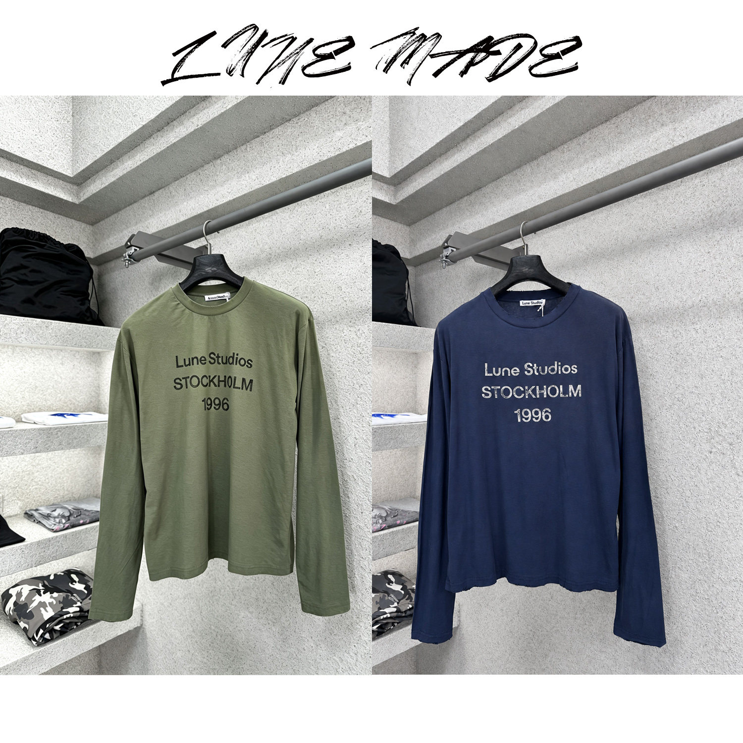 lunemade AC蓝色新配色!1996印花85%棉15%亚麻男女情侣长袖T恤