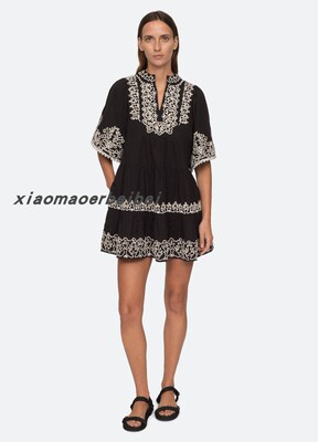 小猫儿美国代购直邮 Sea复古重工贴花编织刺绣民族风棉麻连衣裙