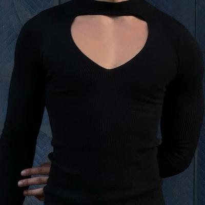 2025秋季欧美弹力修身打底衫男镂空紧身性感长袖t恤Men T-shirts