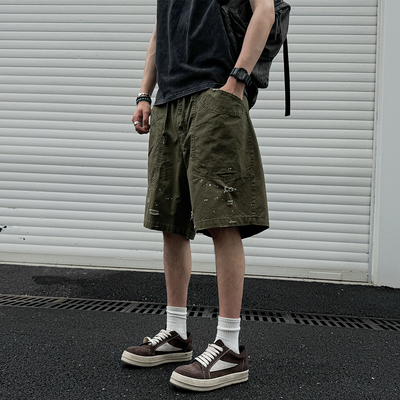 美式重工酵洗吊烂漆点工装短裤男