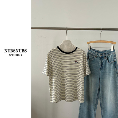 3.31大林自制 “腊肠狗”刺绣撞色条纹短袖T恤打底衫