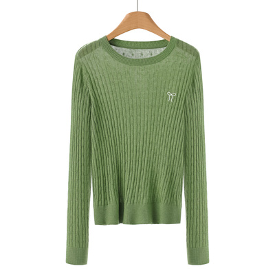 469 桑蚕丝【兰】春装 圆领套头蝴蝶结刺绣绵羊毛针织衫479