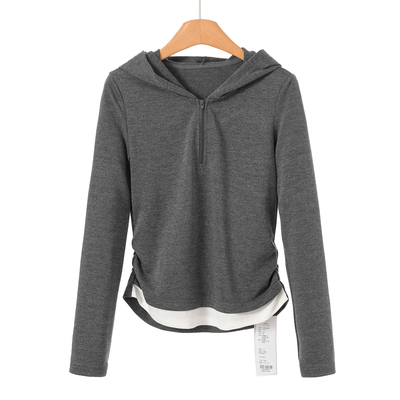 379西湖阁老【帛】26春装*绍 拼接假两件带亮丝连帽T恤175