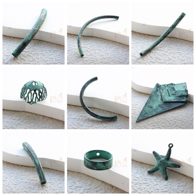 DIY饰品铜配件铜绿铜锈异形几何图形纹路树叶珠框弯管吊坠(PTA-9)