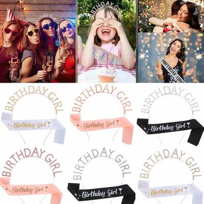 Birthday Girl Party Satin Sash Tiara Headband Set Birthday P