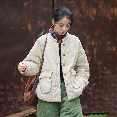 2025冬女装新款苎麻夹棉绗缝保暖