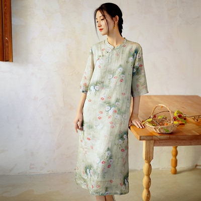 春季复古茶服印花苎麻旗袍