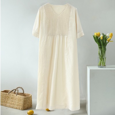 双层长裙亚麻棉麻旅行文艺连衣裙