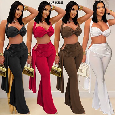 Sexy Strapless Bandeau Jumpsuit Set 欧美性感抹胸绑带长裤套装