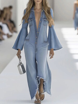 Casual denim jumpsuit 秋冬欧美宽松休闲单排扣牛仔连体裤女